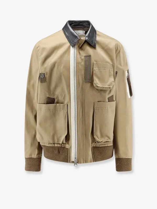 Sacai Cotton Chino Jacket With Faux Leather Collar - Cream