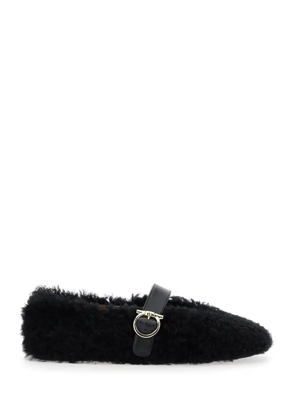 FERRAGAMO Black Ballerinas With Shearling Design And Buckle In Leather - Multicolor