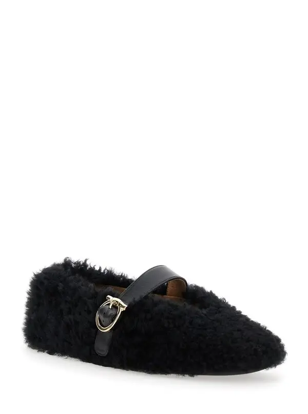 FERRAGAMO Black Ballerinas With Shearling Design And Buckle In Leather - Multicolor