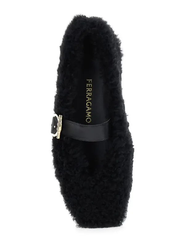 FERRAGAMO Black Ballerinas With Shearling Design And Buckle In Leather - Multicolor