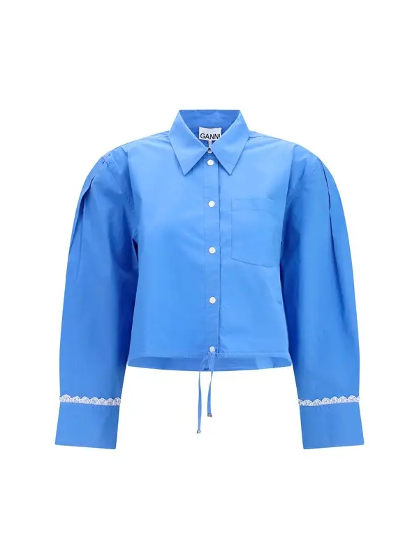 GANNI Cotton Shirt With Lace Details - Blue