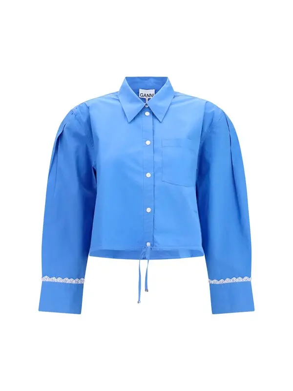 GANNI Cotton Shirt With Lace Details - Blue