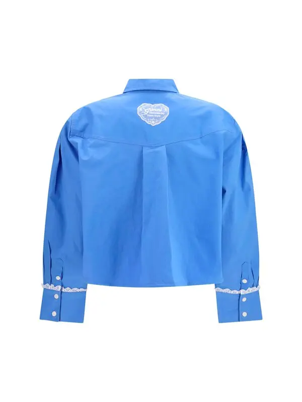 GANNI Cotton Shirt With Lace Details - Blue