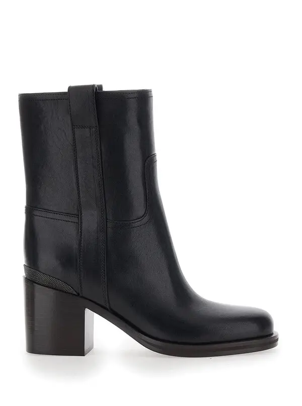 Brunello Cucinelli Black Ankle Boots With Monile Detail On The Back In Leather For - Multicolor
