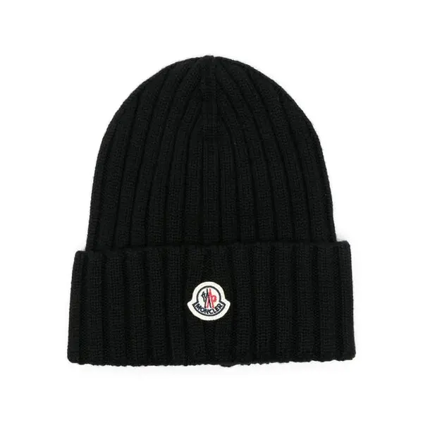 Moncler Virgin Wool Ribbed Beanie Hat - Black