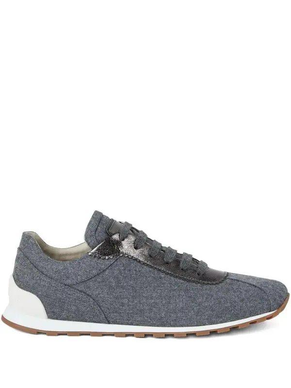 Brunello Cucinelli Virgin Wool Flannel And Lamé Calfskin Runners With Monili - Gray