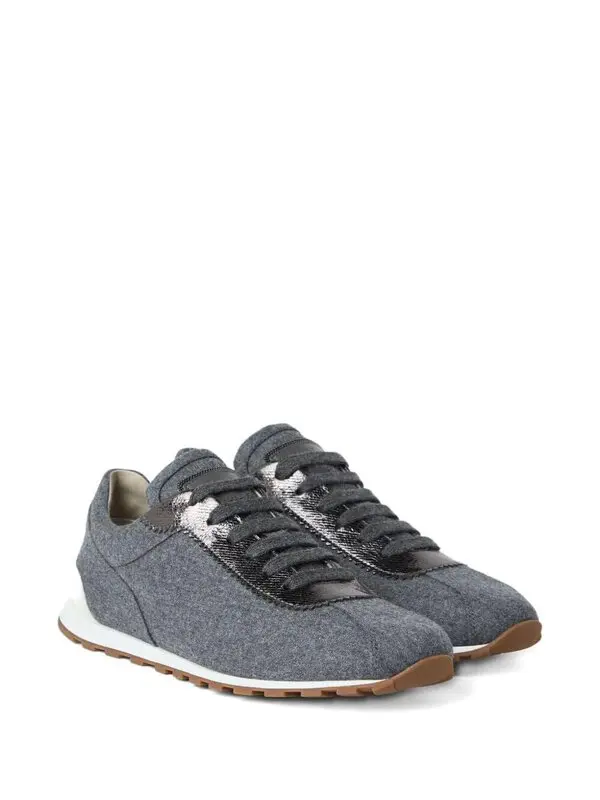 Brunello Cucinelli Virgin Wool Flannel And Lamé Calfskin Runners With Monili - Gray