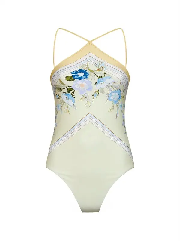 SELF-PORTRAIT Yellow Scarf-inspired Floral-print Jersey One-piece Swimsuit - Multicolor