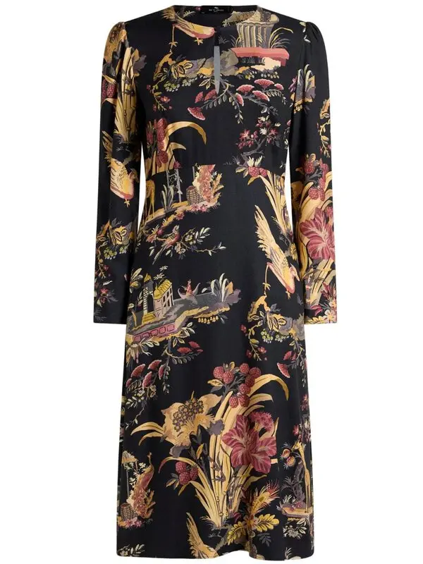 Etro Crepe Midi Dress With Flower And Animal Motif - Blue