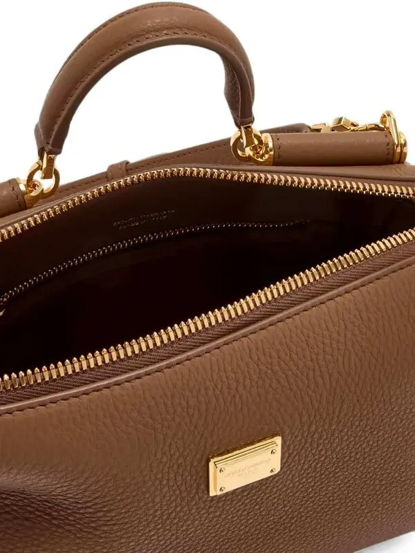 Dolce & Gabbana Vittoria Leather Tote Bag With Logo Plaque - Brown