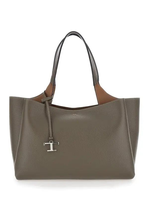 TOD'S Grey Medium Handbag With T Metal Pendant In Leather For - Multicolor