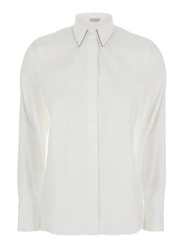 Brunello Cucinelli Shirt With Pointed Collar And Monile Detail White - Multicolor