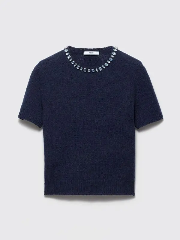 Prada Crew Neck Sweater In Virgin Wool And Cashmere With Applied Rhinestones - Blue