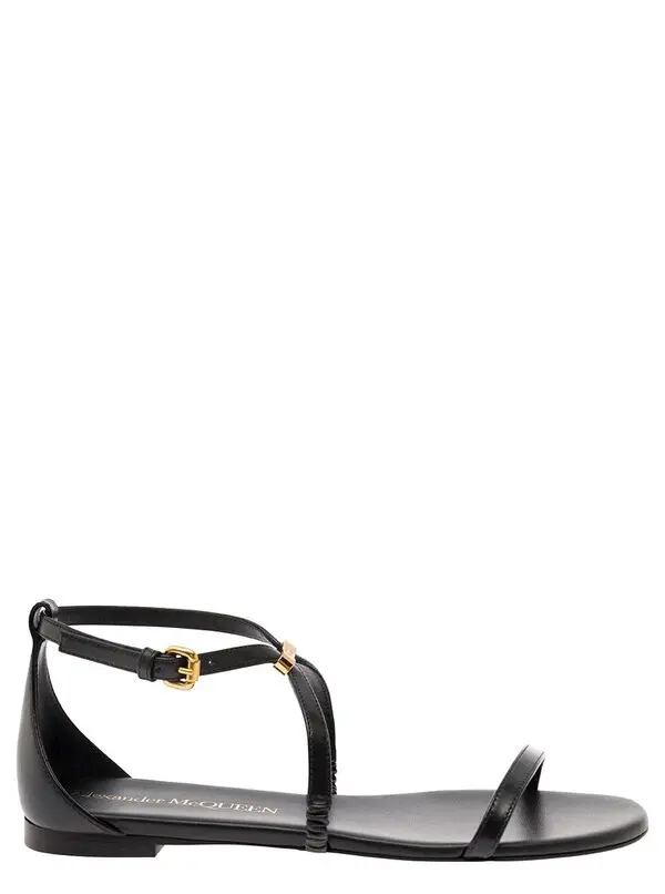 Alexander McQueen Black Low Sandals With Engraved Logo In Leather - Multicolor