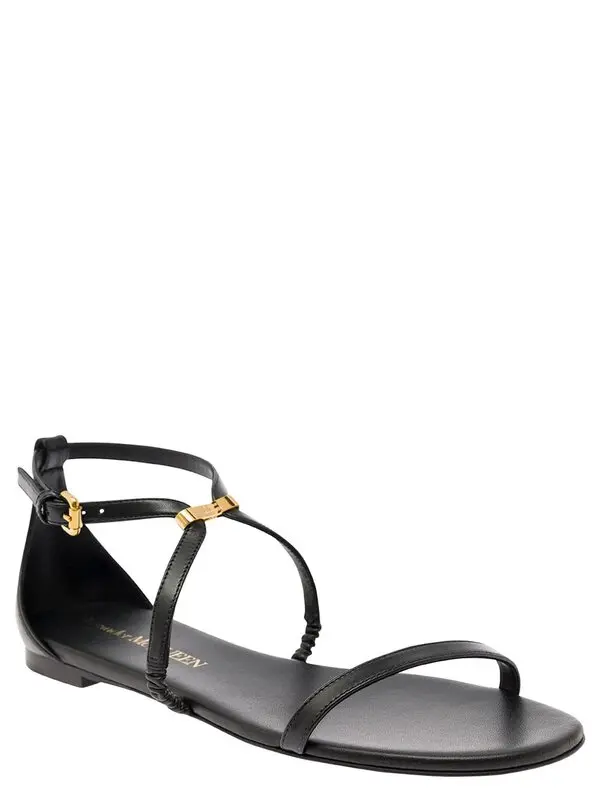 Alexander McQueen Black Low Sandals With Engraved Logo In Leather - Multicolor