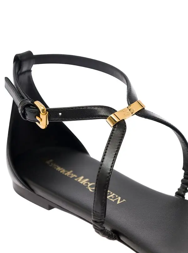 Alexander McQueen Black Low Sandals With Engraved Logo In Leather - Multicolor