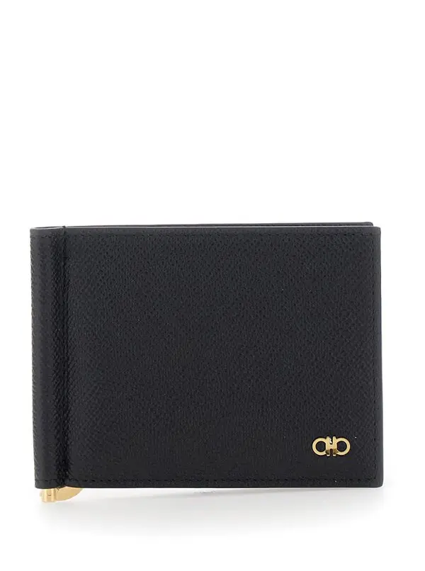 FERRAGAMO Black Wallet With Clip And Gancini Plaque On The Front In Leather For - Multicolor