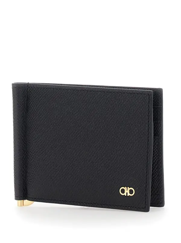 FERRAGAMO Black Wallet With Clip And Gancini Plaque On The Front In Leather For - Multicolor