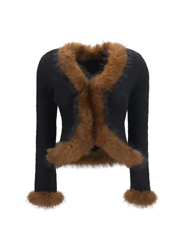 SELF-PORTRAIT Faux Fur Trimmed Knit Cardigan - Blue