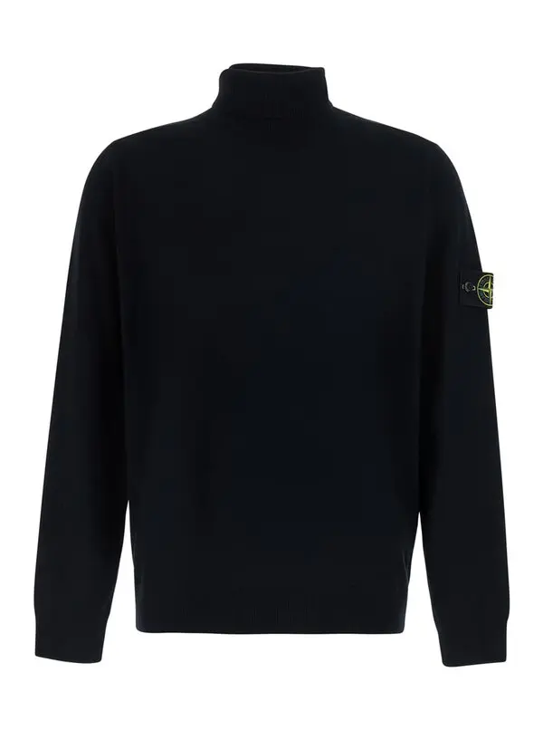 Stone Island Black Sweater With High Collar And Logo Patch On The Sleeve In Cotton - Multicolor