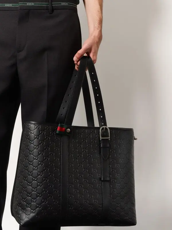 Gucci Gg Emblem Leather Shopping Bag With Embossed Gg Motif - Black