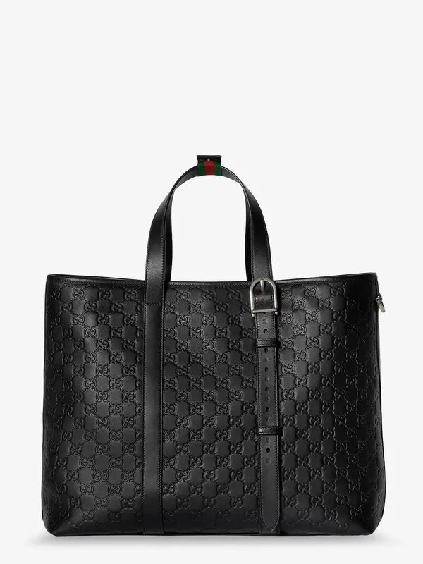 Gucci Gg Emblem Leather Shopping Bag With Embossed Gg Motif - Black