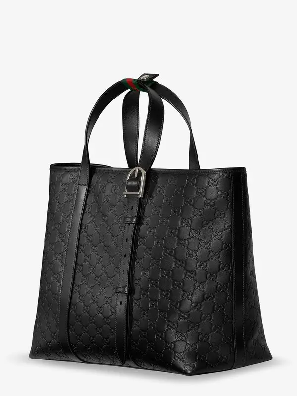 Gucci Gg Emblem Leather Shopping Bag With Embossed Gg Motif - Black