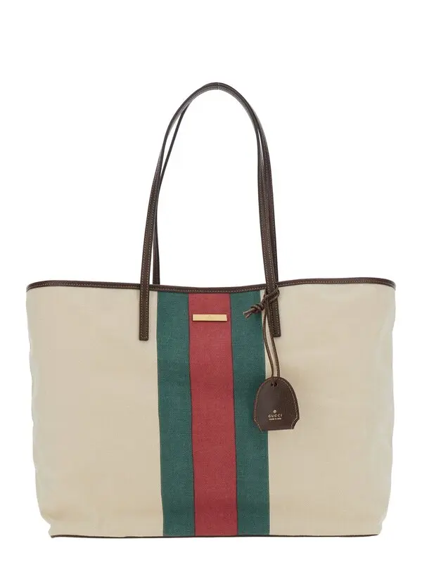 Gucci White Tote Bag With Web Ribbon And Logo Plate On Front In Canvas For - Multicolor