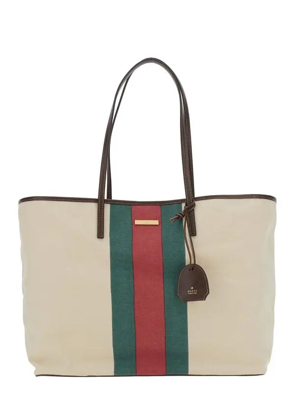Gucci White Tote Bag With Web Ribbon And Logo Plate On Front In Canvas For - Multicolor