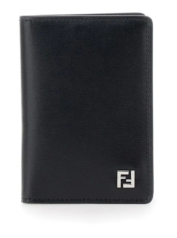Fendi Card Holder With Ff Logo Plate On The Front And Rectangular Design In Leather - Black