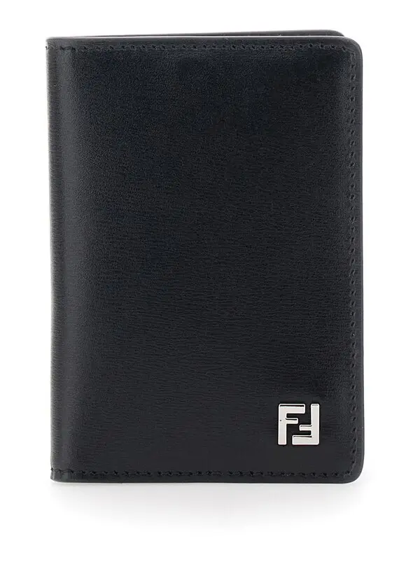 Fendi Card Holder With Ff Logo Plate On The Front And Rectangular Design In Leather - Black