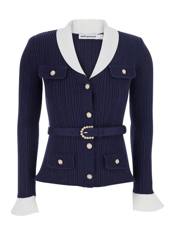 SELF-PORTRAIT Blue Cardigan With Ribbed Texture And Long Sleeves In Fabric And Cotton - Multicolor