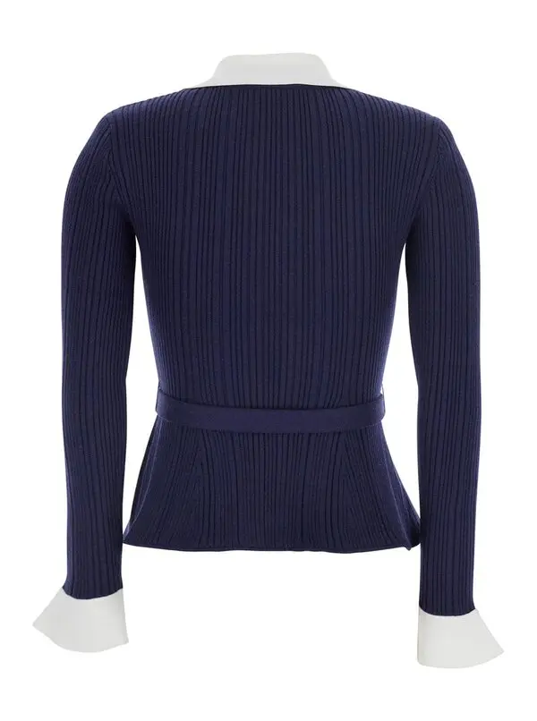 SELF-PORTRAIT Blue Cardigan With Ribbed Texture And Long Sleeves In Fabric And Cotton - Multicolor