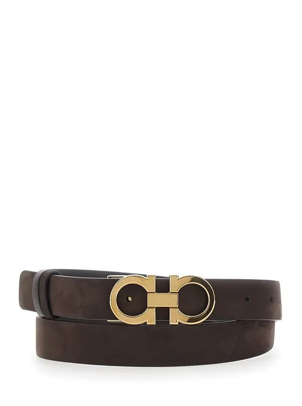 FERRAGAMO Dark Belt With Gancini Buckle On The Front In Suede For - Brown