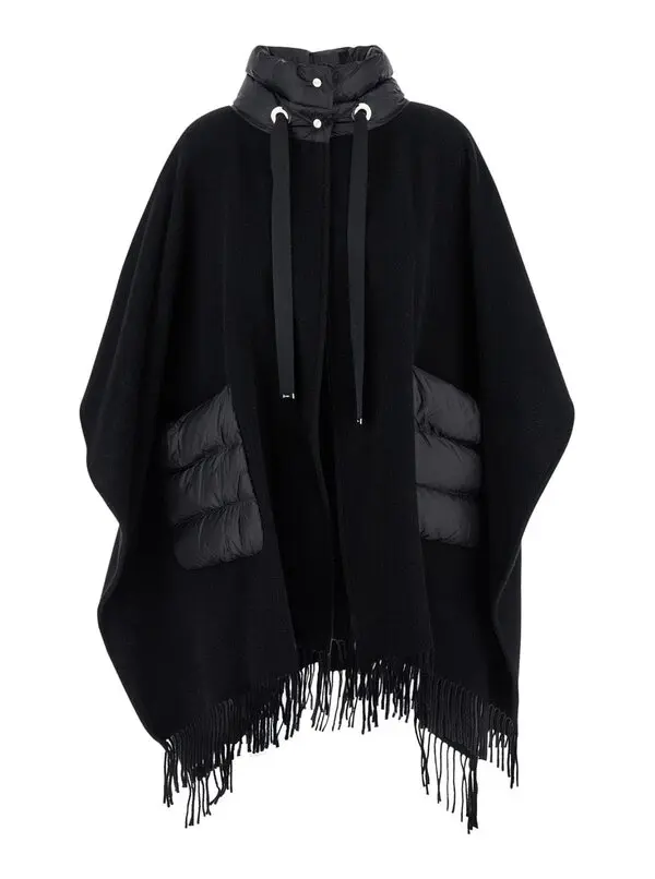 Herno High Neck Poncho With Patch Pockets In Wool And Nylon For - Black