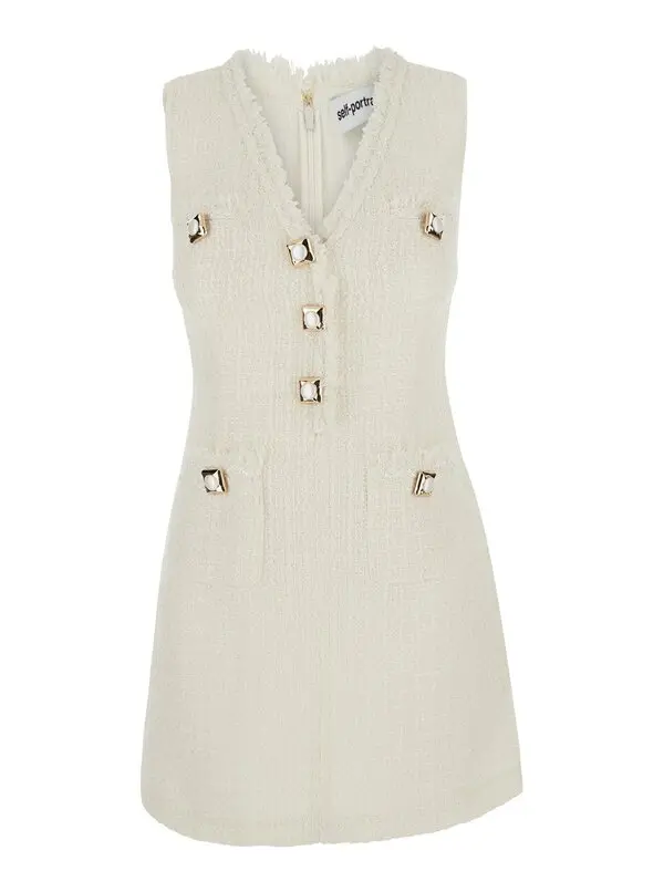 SELF-PORTRAIT White Sleeveless Mini Dress With V-neck And Jewel Buttons In Tech Fabric For - Multicolor