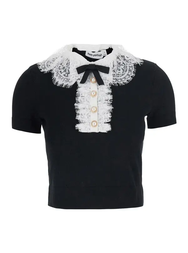 SELF-PORTRAIT Black Top With Collar With Lace Details In Wool For - Multicolor