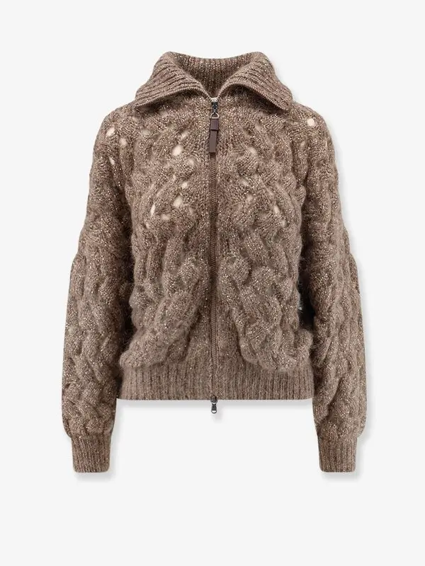 Brunello Cucinelli Perforated Cardigan With Micro-sequins - Brown