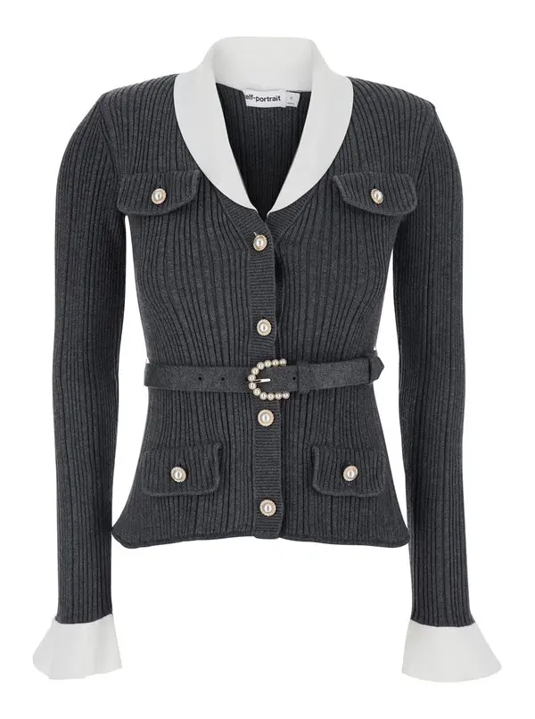 SELF-PORTRAIT Grey Cardigan With Ribbed Texture And Long Sleeves In Fabric And Cotton - Multicolor