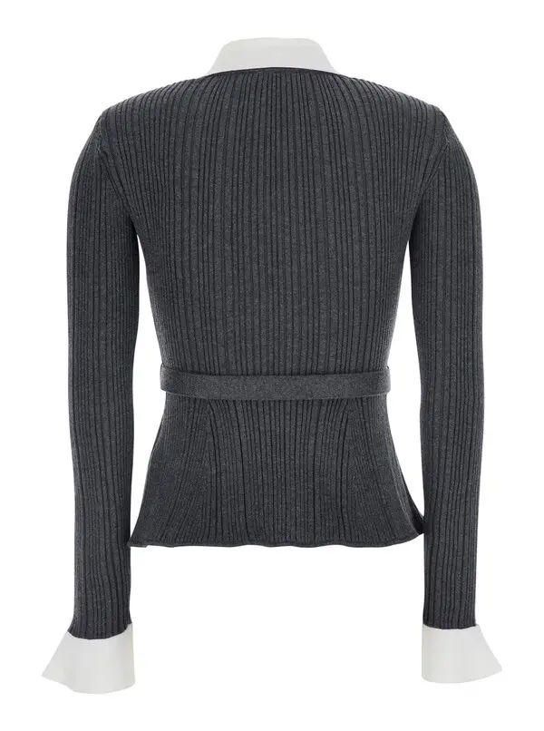 SELF-PORTRAIT Grey Cardigan With Ribbed Texture And Long Sleeves In Fabric And Cotton - Multicolor