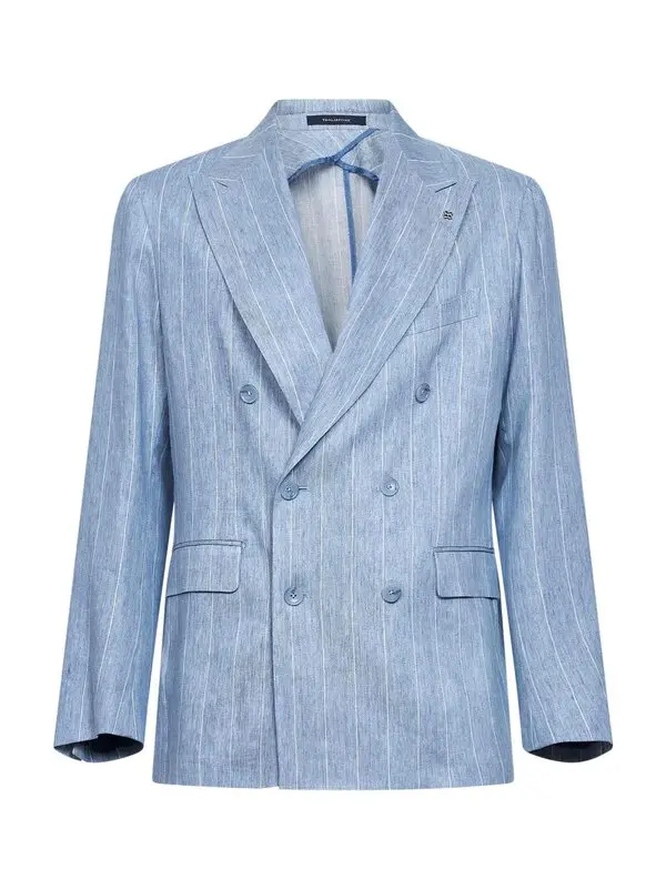 Tagliatore Light Blue Pinstriped Linen Blend New York Double-breasted Blazer - Multicolor