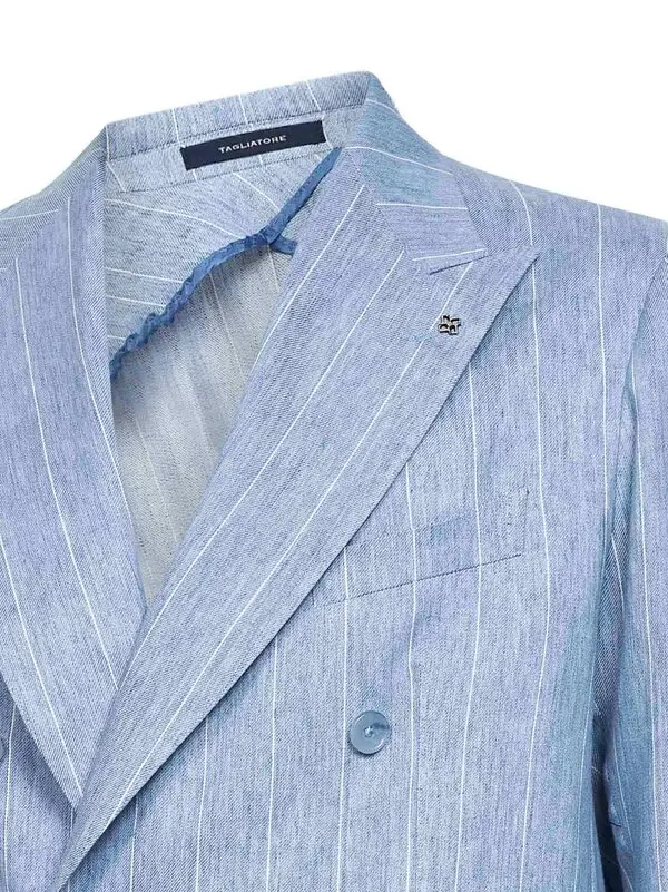 Tagliatore Light Blue Pinstriped Linen Blend New York Double-breasted Blazer - Multicolor
