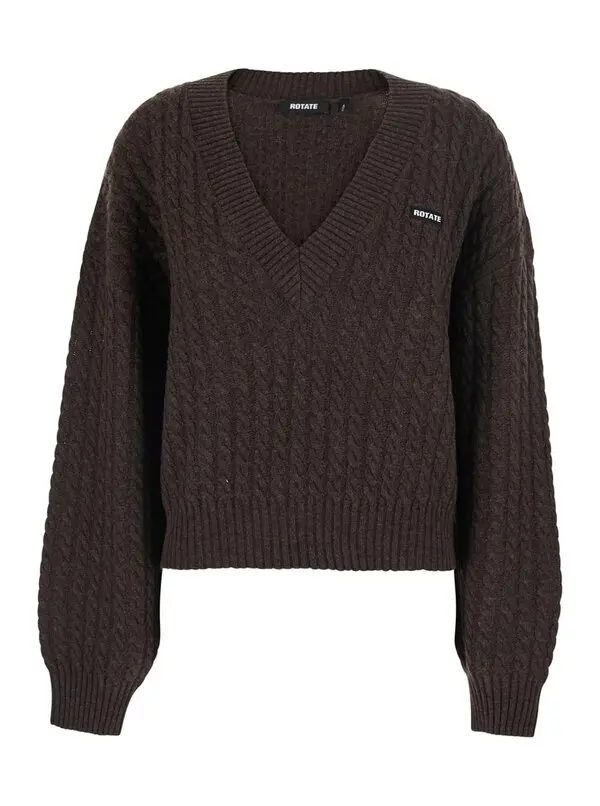 ROTATE BY BIRGER CHRISTENSEN Brown Sweater With V-neck And Cable Knit In Wool And Cashmere For - Multicolor