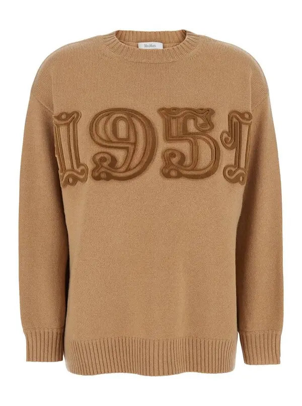 Max Mara Beige Crew Neck Sweater With Front Embroidery In Wool And Cashmere Blend - Cream