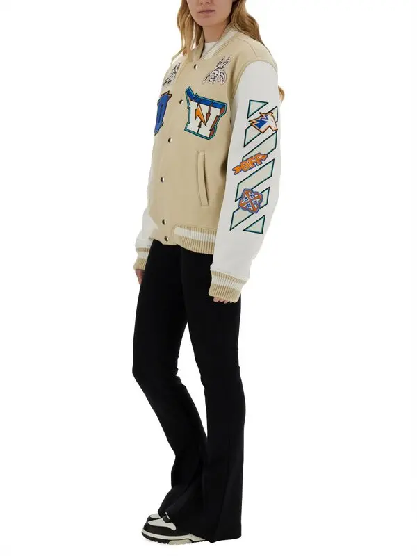 Off-White Leather Varsity Jacket - Cream