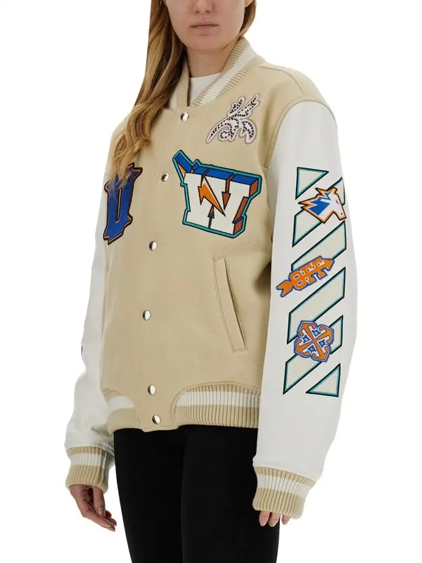 Off-White Leather Varsity Jacket - Cream