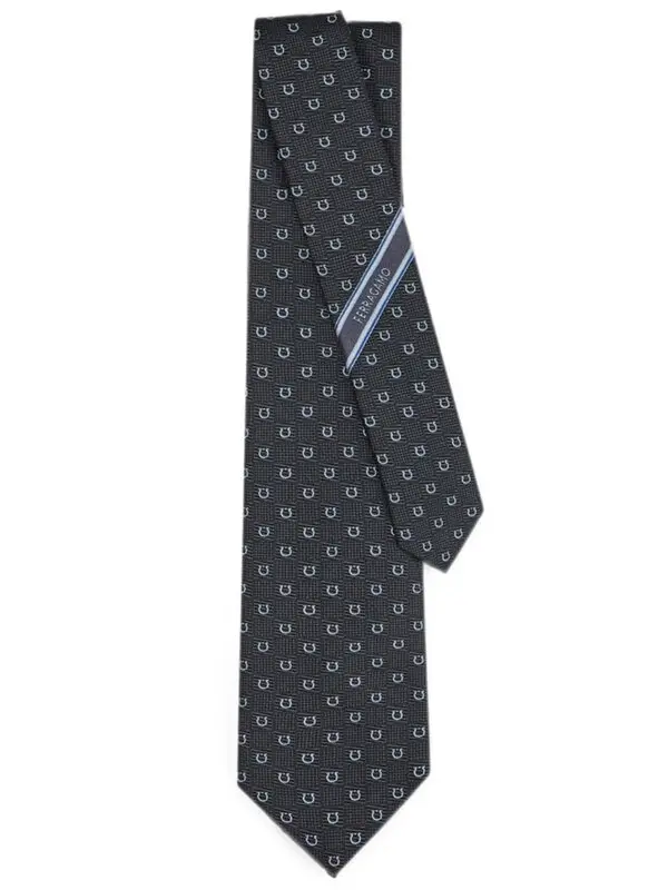 FERRAGAMO Gancini Silk Jaquard Tie - Gray