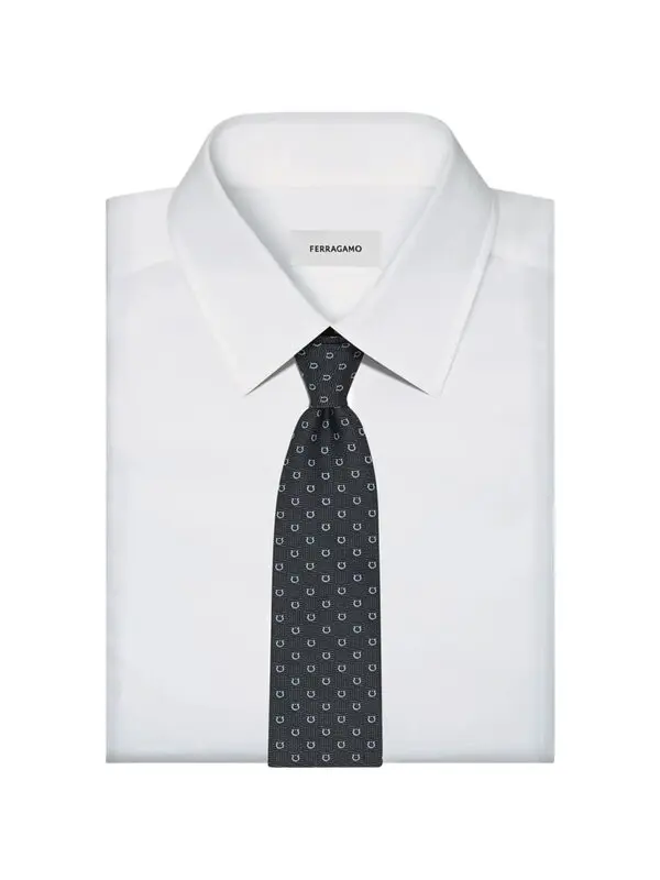 FERRAGAMO Gancini Silk Jaquard Tie - Gray