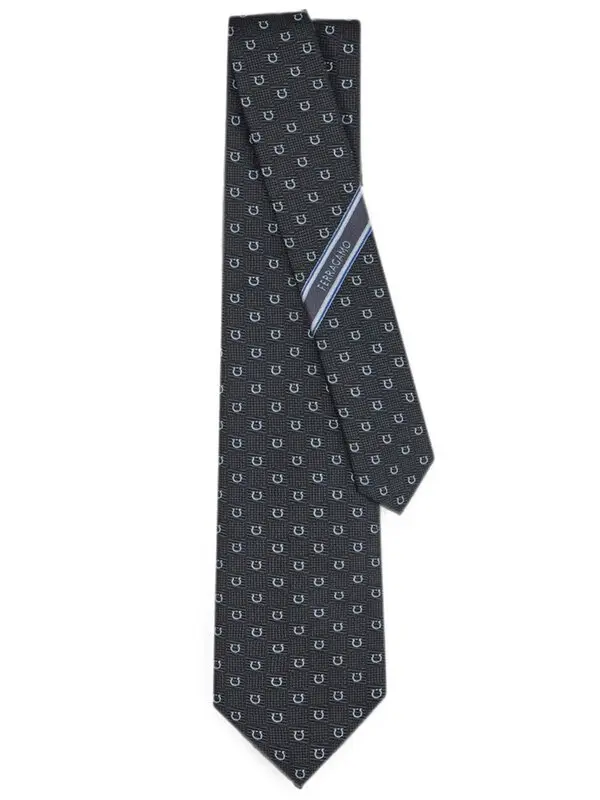 FERRAGAMO Gancini Silk Jaquard Neck Tie - Gray
