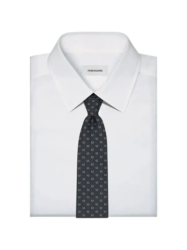 FERRAGAMO Gancini Silk Jaquard Neck Tie - Gray